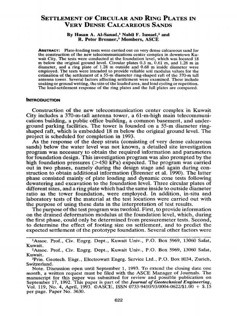 Settlement of Circular and Ring Plates in Very Dense Calcareous Sands ...