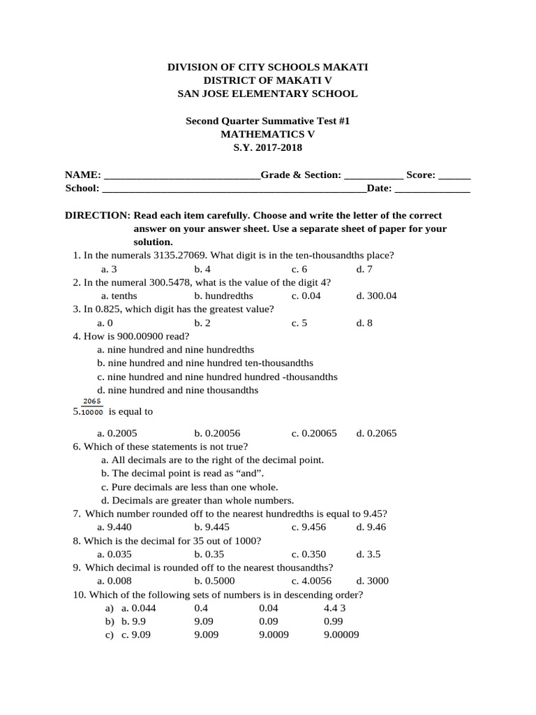 Summative Test in Math 2nd Grading | PDF | Decimal | Numbers