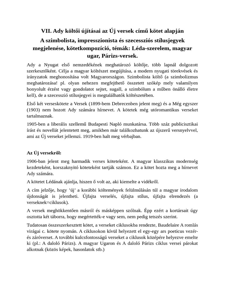 VII. Ady Költői Újításai Az Új Versek Című Kötet Alapján | PDF