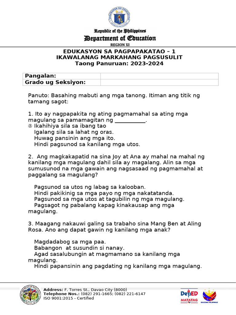 EsP TQ Q2 For Grade1 | PDF