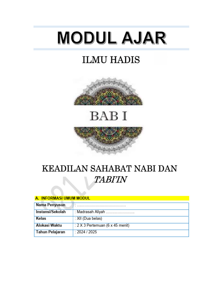 Modul Ajar Ilmu Hadis 12 Peminatan Keagamaan | PDF