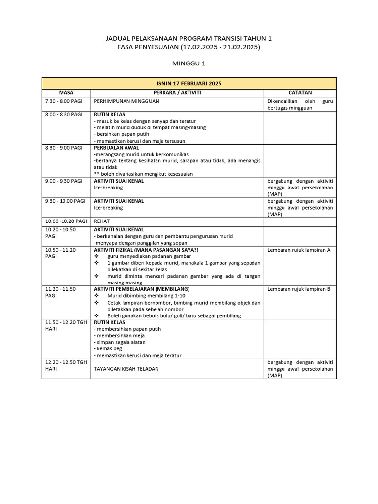 Jadual Transisi Tahun 1 2025 Minggu 1 | PDF