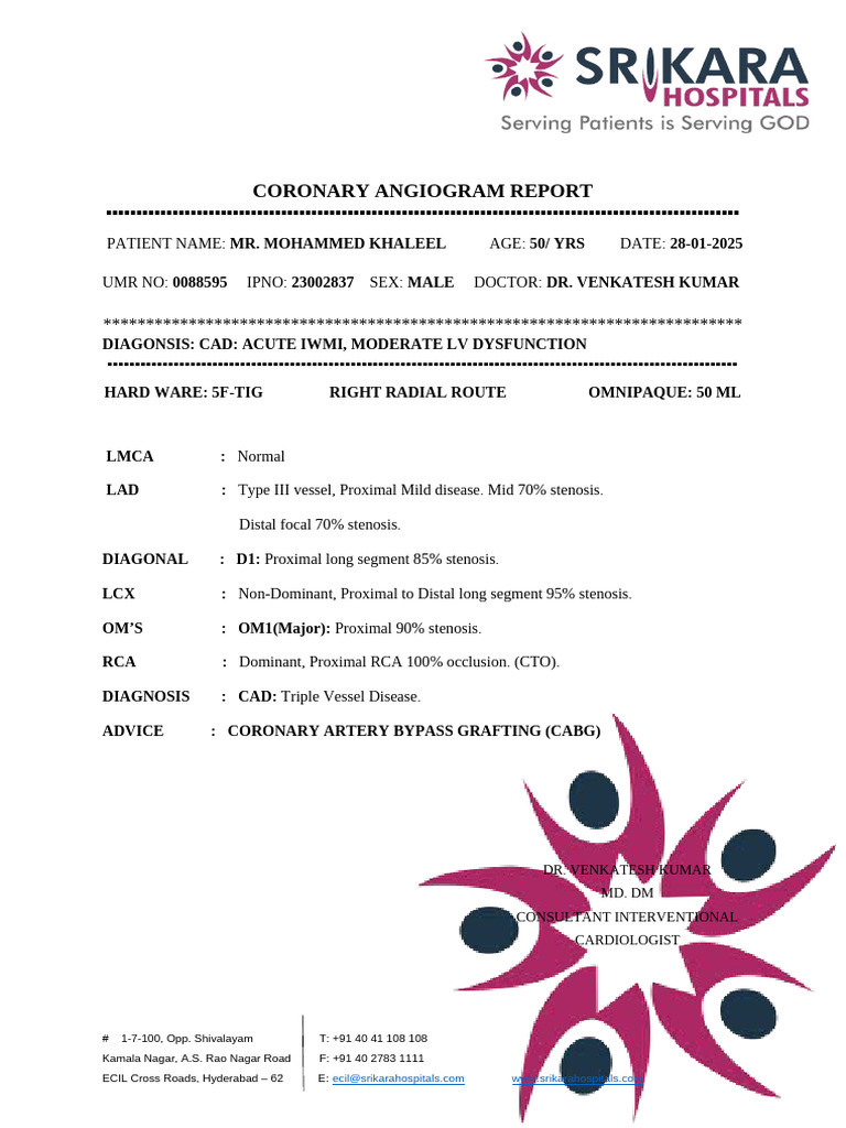 Coronary Angiogram Report | PDF