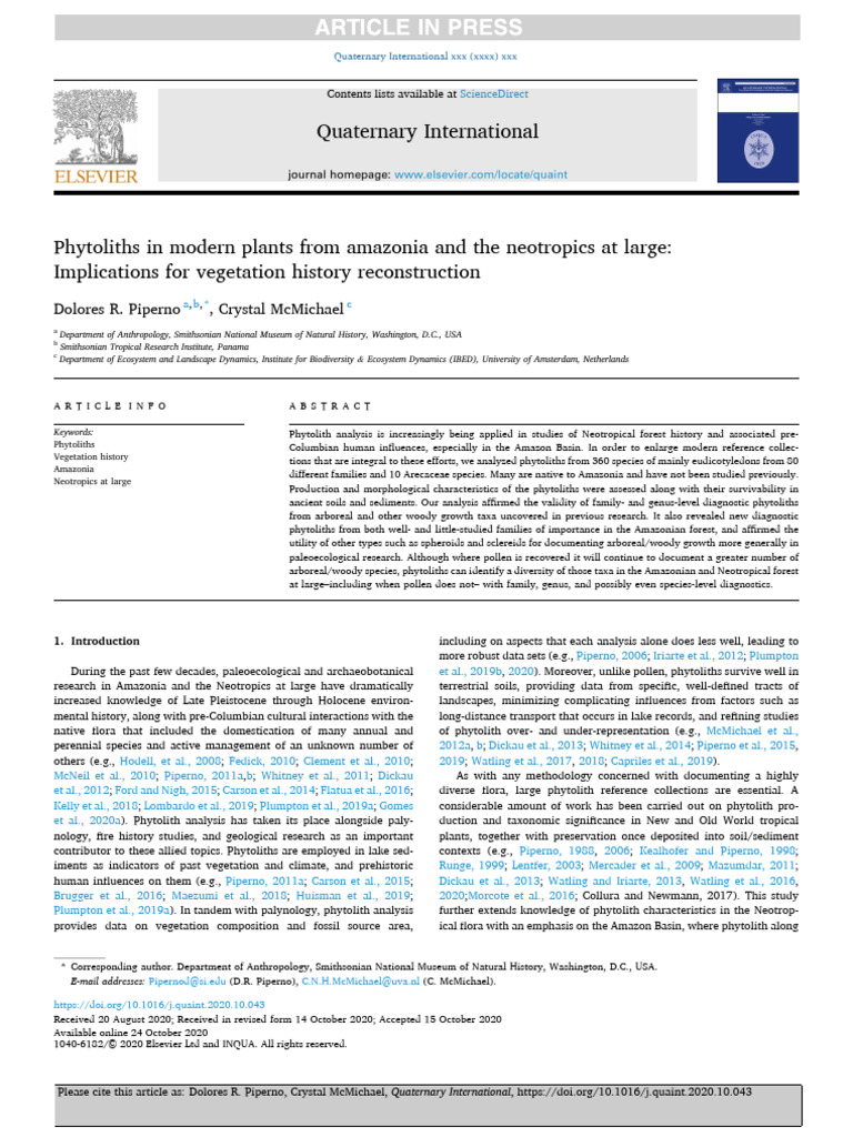 Phytoliths in Modern Plants From Amazonia and The Neotropics at Large ...