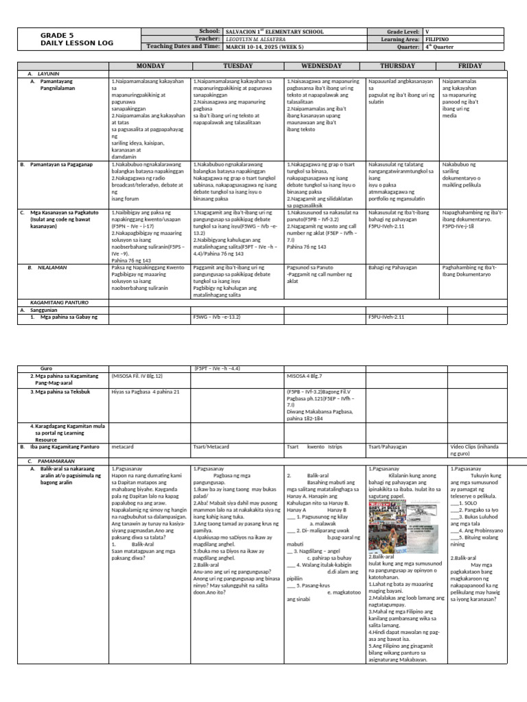 Grade 5 DLL FILIPINO 5 Q4 Week 5 | PDF
