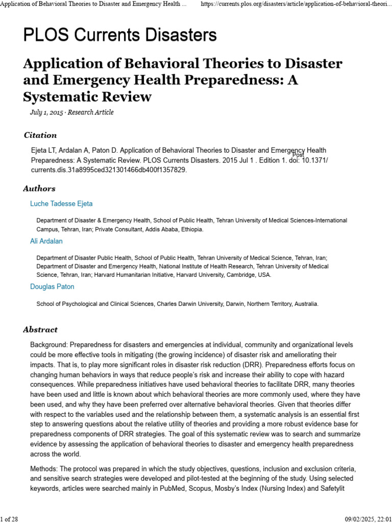 Application of Behavioral Theories to Disaster and Emergency Health ...