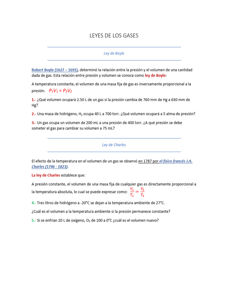 Ejercicios de Las Leyes de Los Gases Ley de Boyle 2 | PDF | Gases | Presión