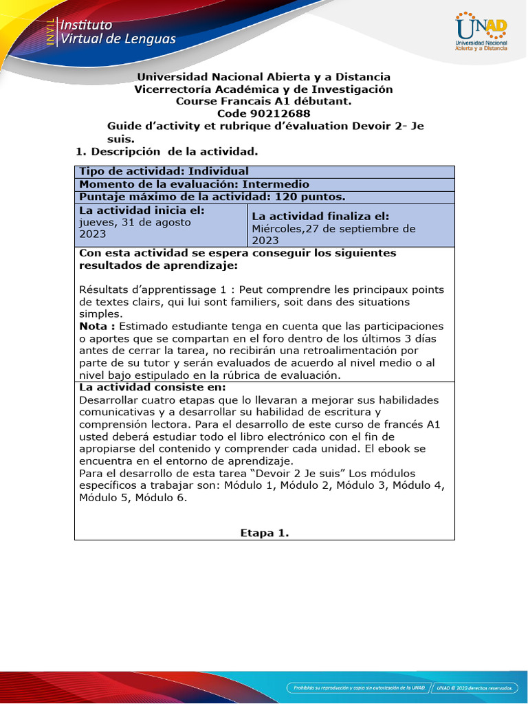 Guide Dactivités Et Rubrique Dévaluation - Unité 1 - Devoir 2 - Je Suis. 1604 | PDF | Gramática ...