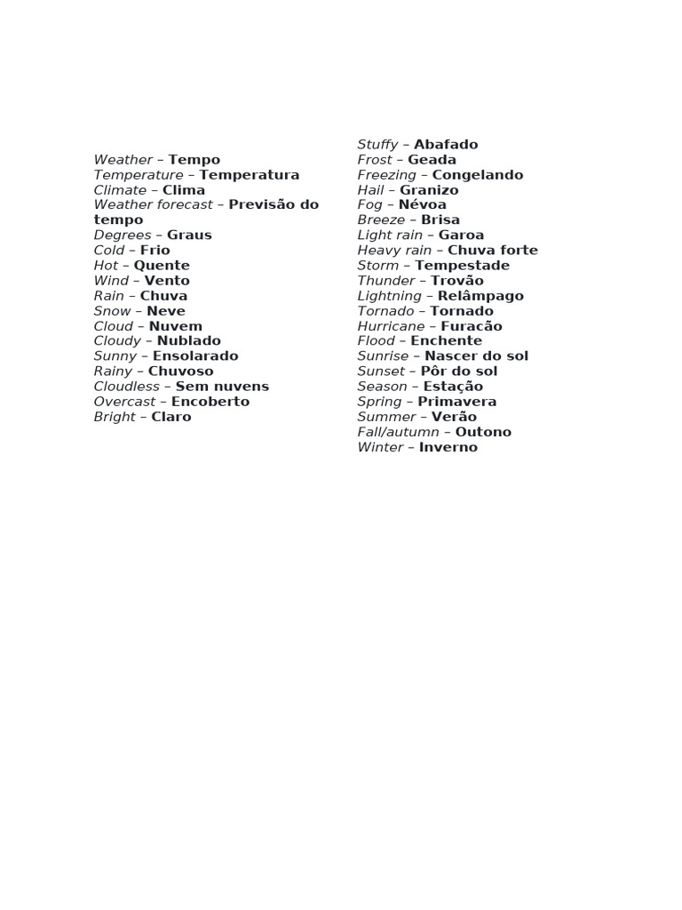 Vocabulário sobre Temperatura e Clima | PDF