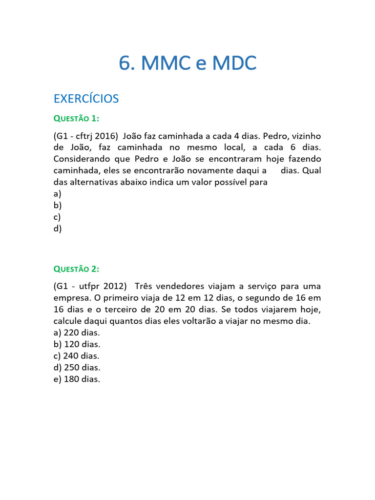 MMC e MDC Exercícios | PDF