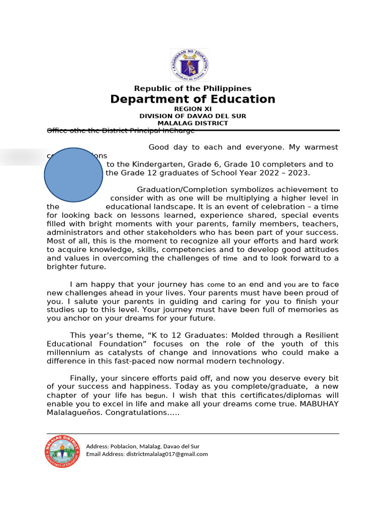 Malalag District Graduation Message 2023 | PDF