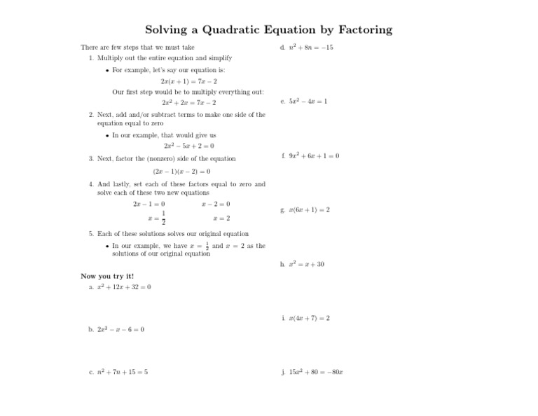 Solving Quadratic Equations by Factoring | PDF