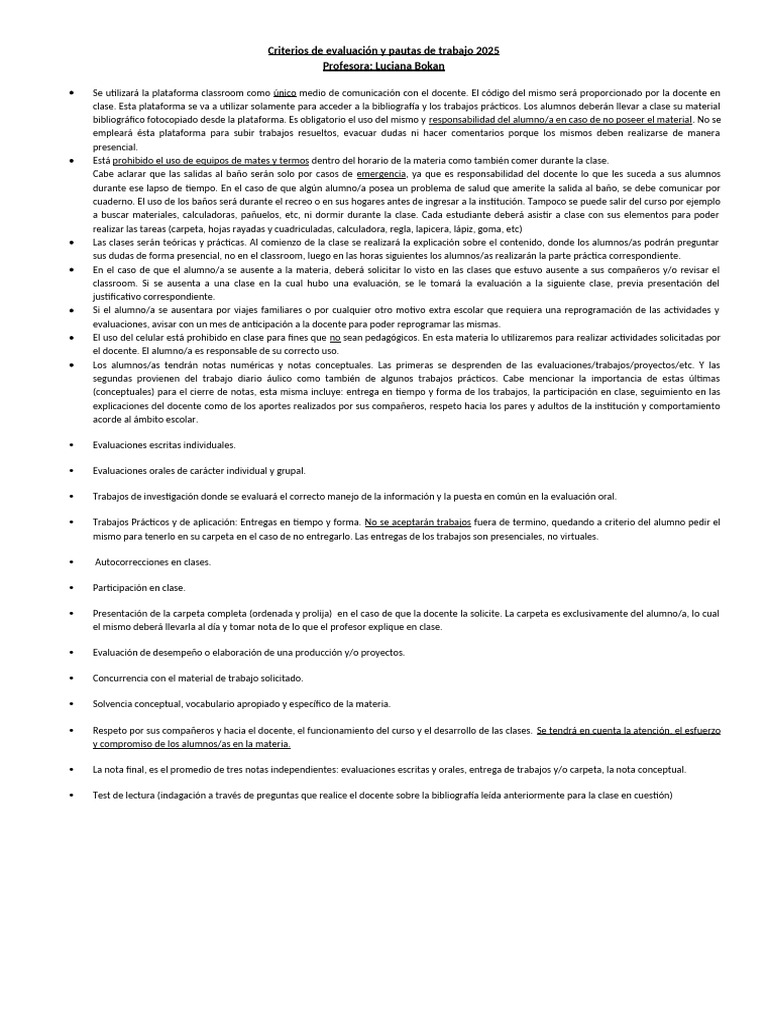 Criterios de Evaluación y Pautas de Trabajo 2025 | PDF