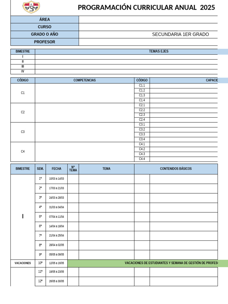 PROGRAMACIÓN CURRICULAR ANUAL 2025 Formato | PDF