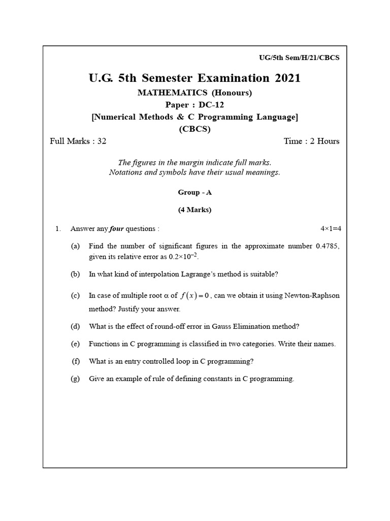 U.G. 5th Sem Mathematics Exam 2021 | PDF | Numerical Analysis ...