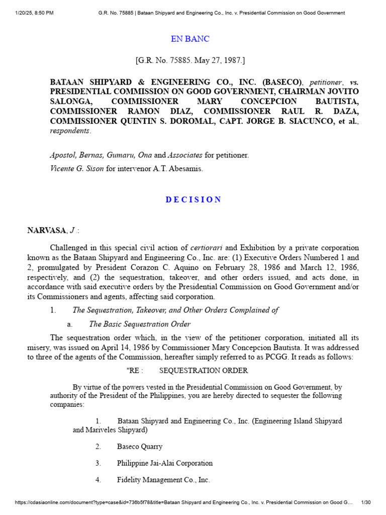 Bataan Shipyard and Engineering Co. Inc. v. Presidential Commission On Good Government | PDF ...