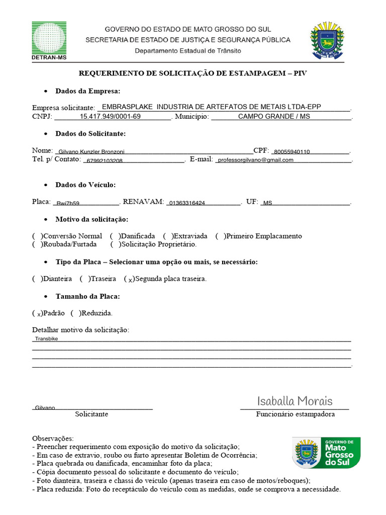 Requerimento DETRAN ISA (4) (1) (1) (1) (21) (48) 2 | PDF | Veículos