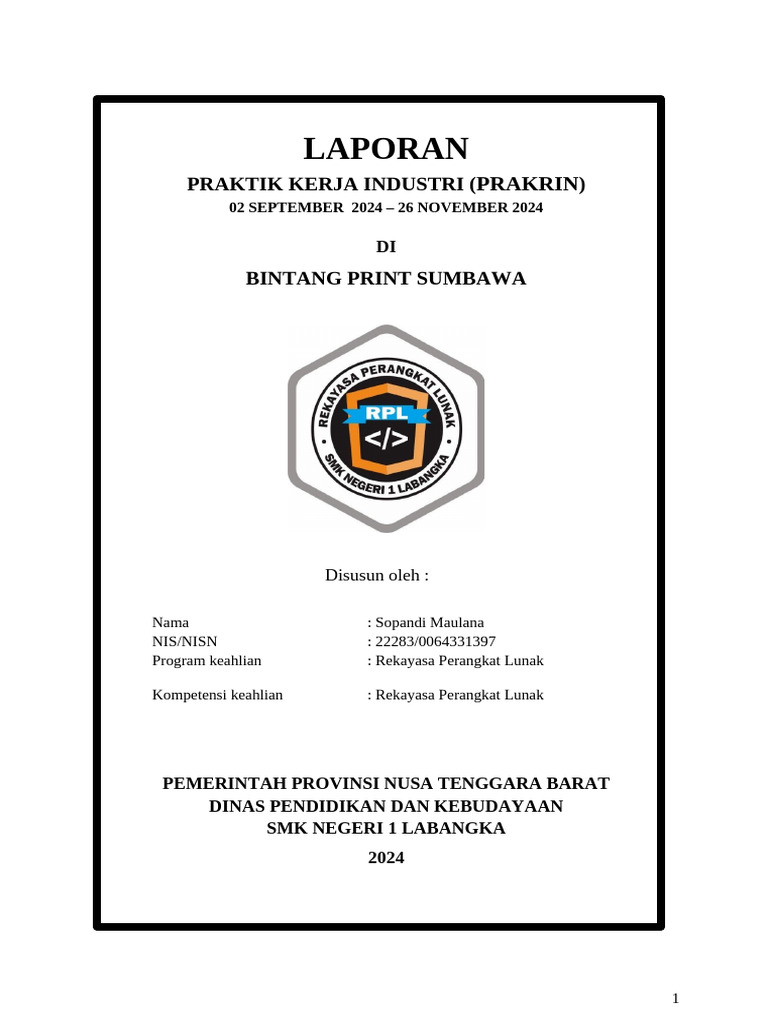 Format Laporan Prakerin SMK RPL | PDF