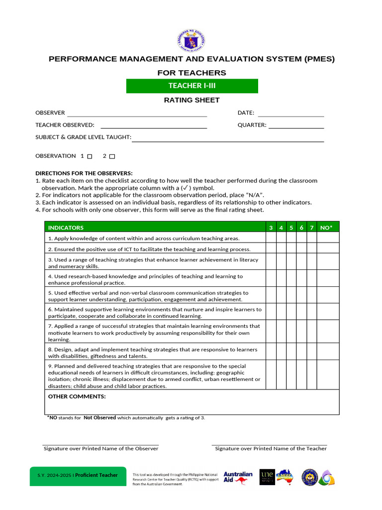 Cot Form 2024 Pmes Blank | PDF | Learning | Teachers