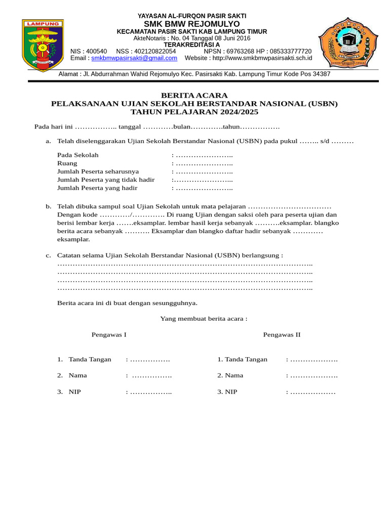 BERITA ACARA PELAKSANAAN UJIAN SEKOLAH - WWW - Kherysuryawan.id | PDF