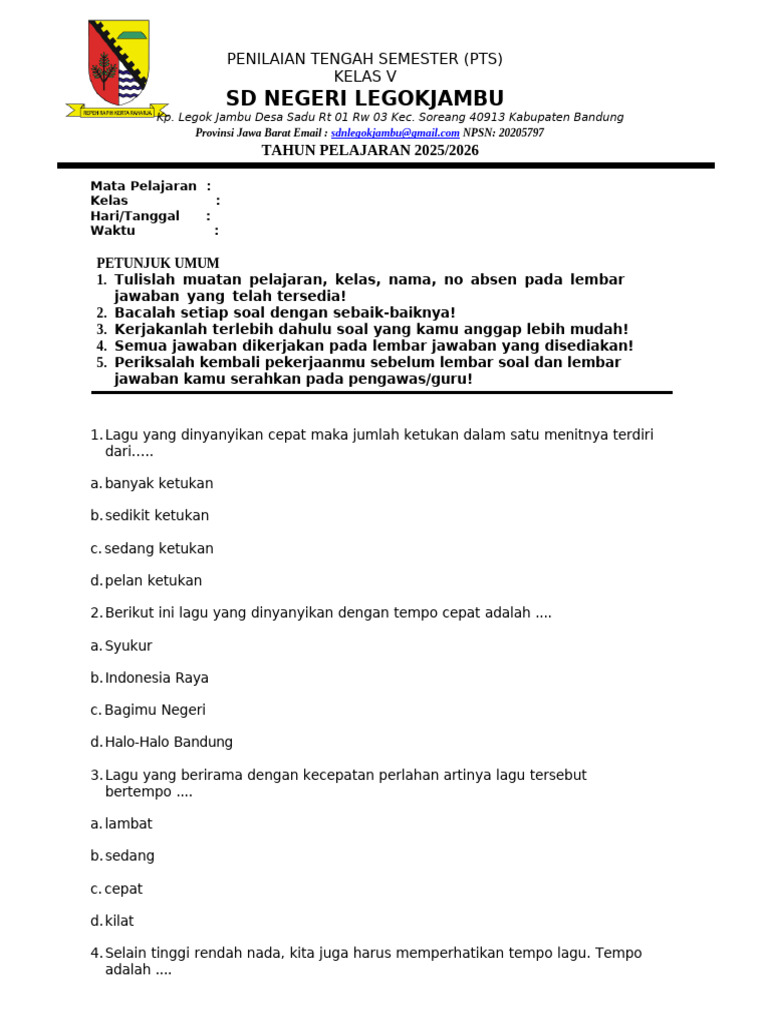 Soal PTS SBDP Kelas V | PDF