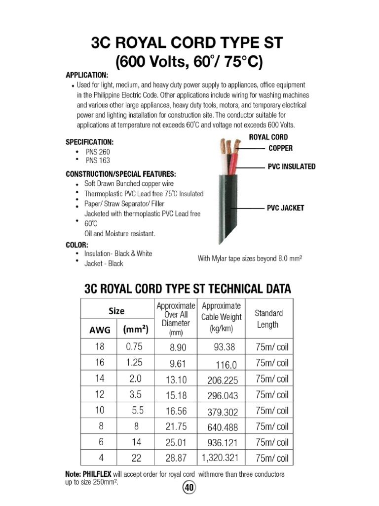 3C Royal Cord Type ST (600 Volts, 60 - 75c) | PDF