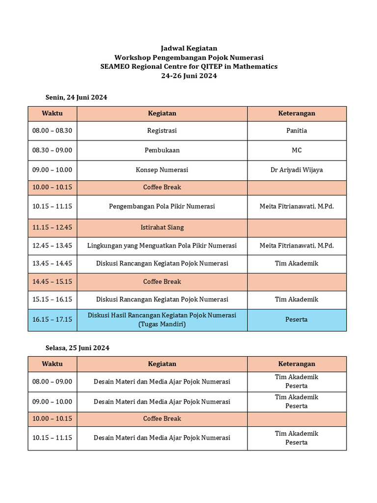 Jadwal WS Pengembangan Pojok Numerasi | PDF