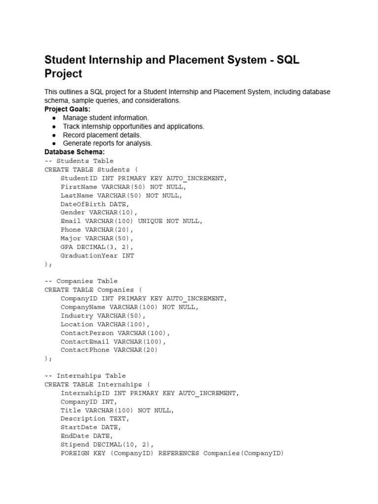 SQL Student Internship System Design | PDF | Databases | Data Management