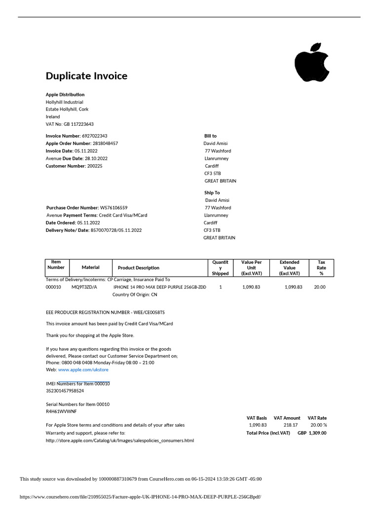 Facture Apple UK IPHONE 14 PRO MAX DEEP PURPLE 256GB PDF | PDF | Value Added Tax | Invoice