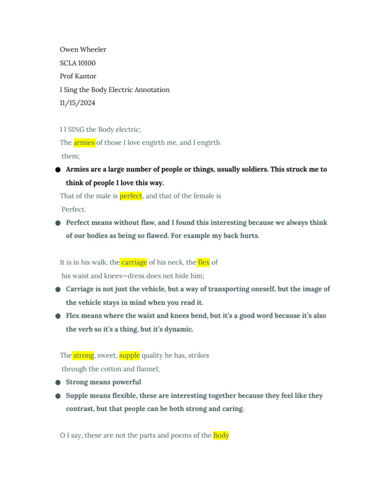Whitman I Sing Body Electric Annotation | PDF | Anatomical Terms Of ...
