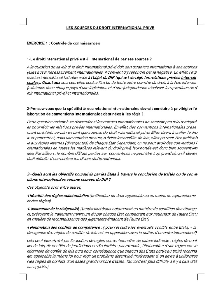 PROPOSITION D'INDICATIONS DE CORRECTION SUR LE THEME LES SOURCES DU DROIT INTERNATIONAL PRIVE ...