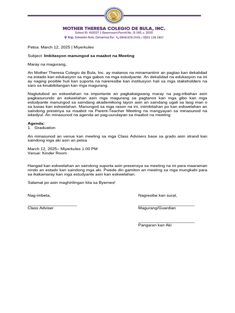 Letter For Parents Meeting | PDF