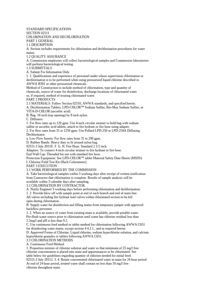 Chlorination Standard Specifications | PDF | Sanitary Sewer | Chlorine