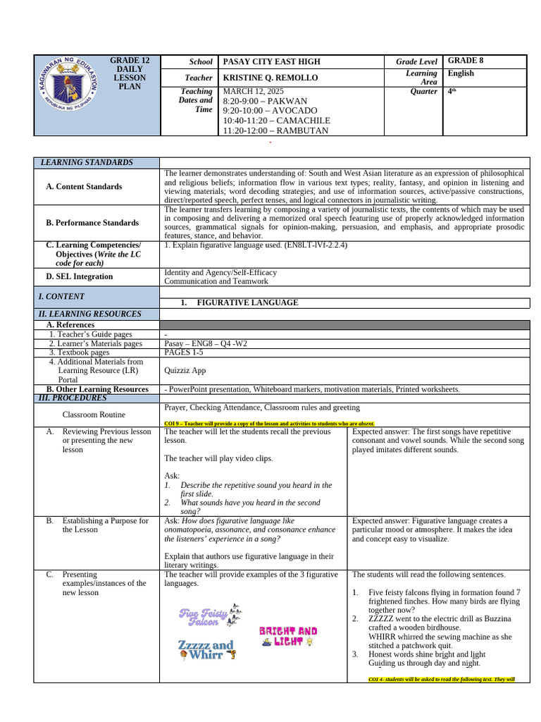 FIGURES OF SPEECH COT | PDF | Learning | Teachers