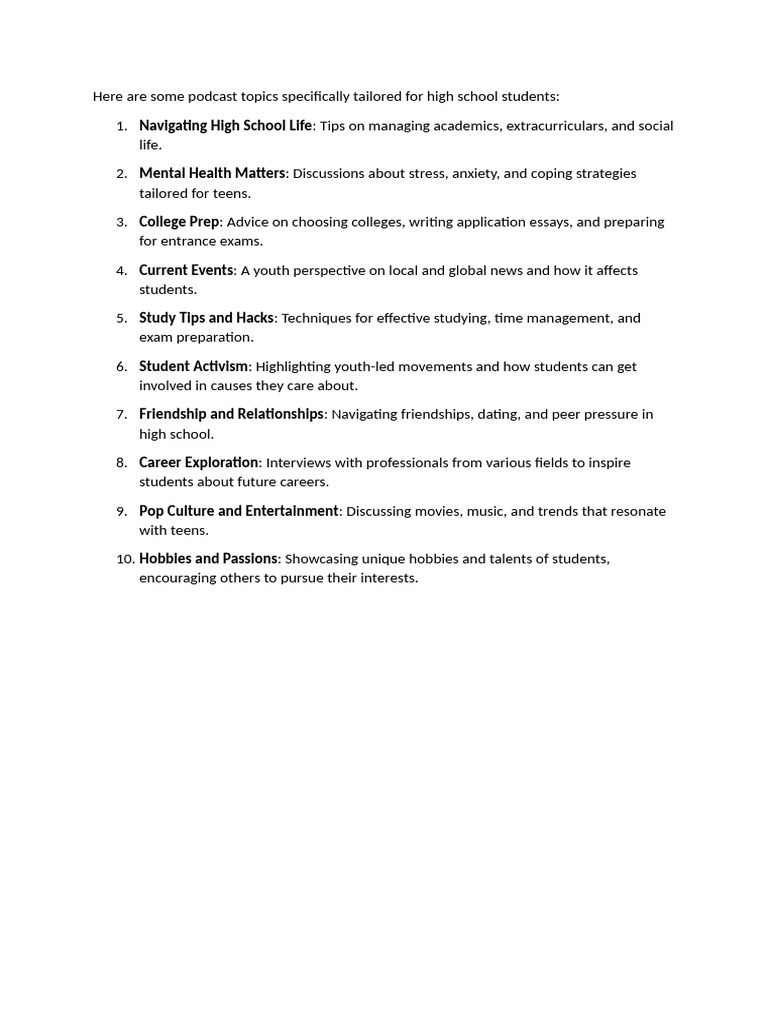 Podcast Topics for High Schoolers | PDF | Podcast | Mental Health