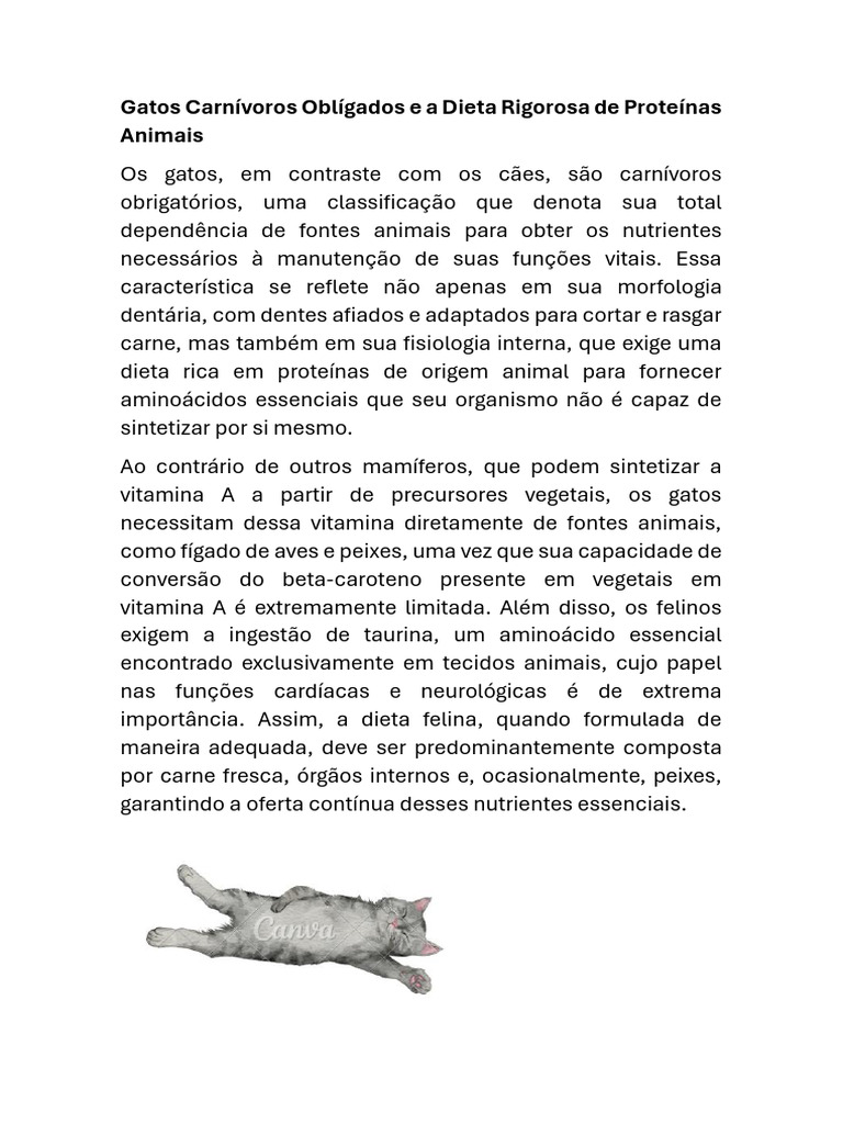 Gatos Carnívoros Oblígados e a Dieta Rigorosa de Proteínas Animais | PDF