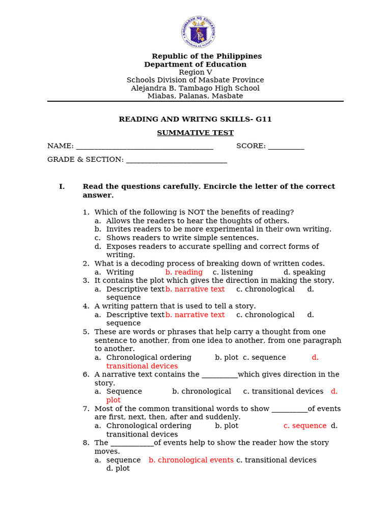 G11 Reading and Writing Skills Test | PDF | Market (Economics ...
