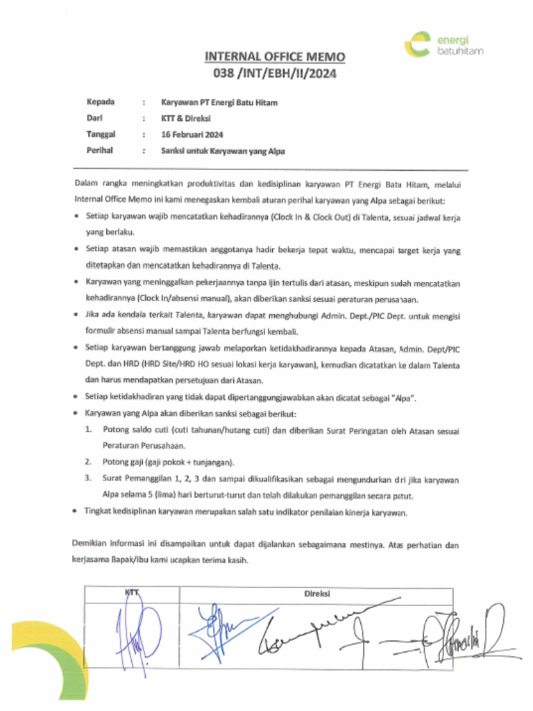 Internal Memo Sanksi Karyawan Alpa | PDF