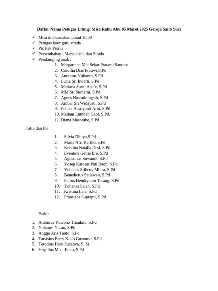 Petugas Misa Rabu Abu 2025 | PDF