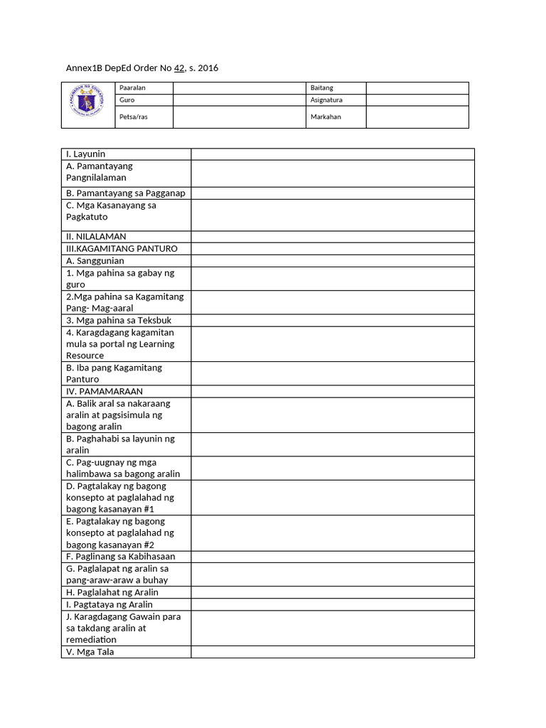 DLP Template Fil Annex1B DepEd Order No 42 S 2016 | PDF