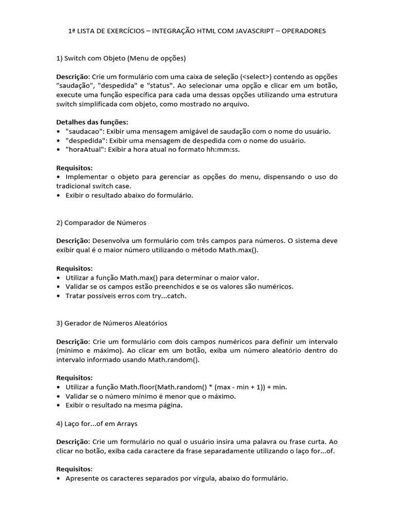 JavaScript - Aula 02 - Operadores - Lista de Exercícios2 1 | PDF