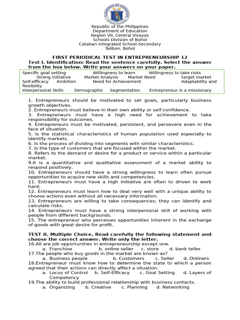 1ST Periodical Test Entrep | PDF | Entrepreneurship | Self Efficacy