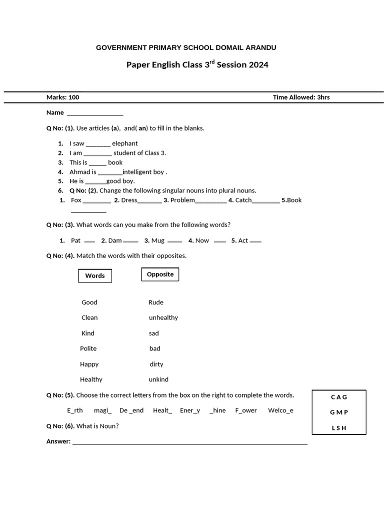 Class 3 English Exam Paper 2024 | PDF