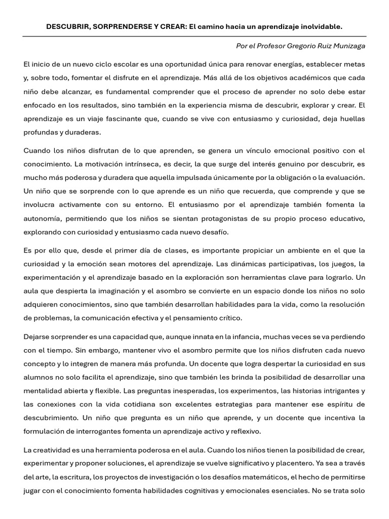 DESCUBRIR, SORPRENDERSE Y CREAR - El Camino Hacia Un Aprendizaje ...
