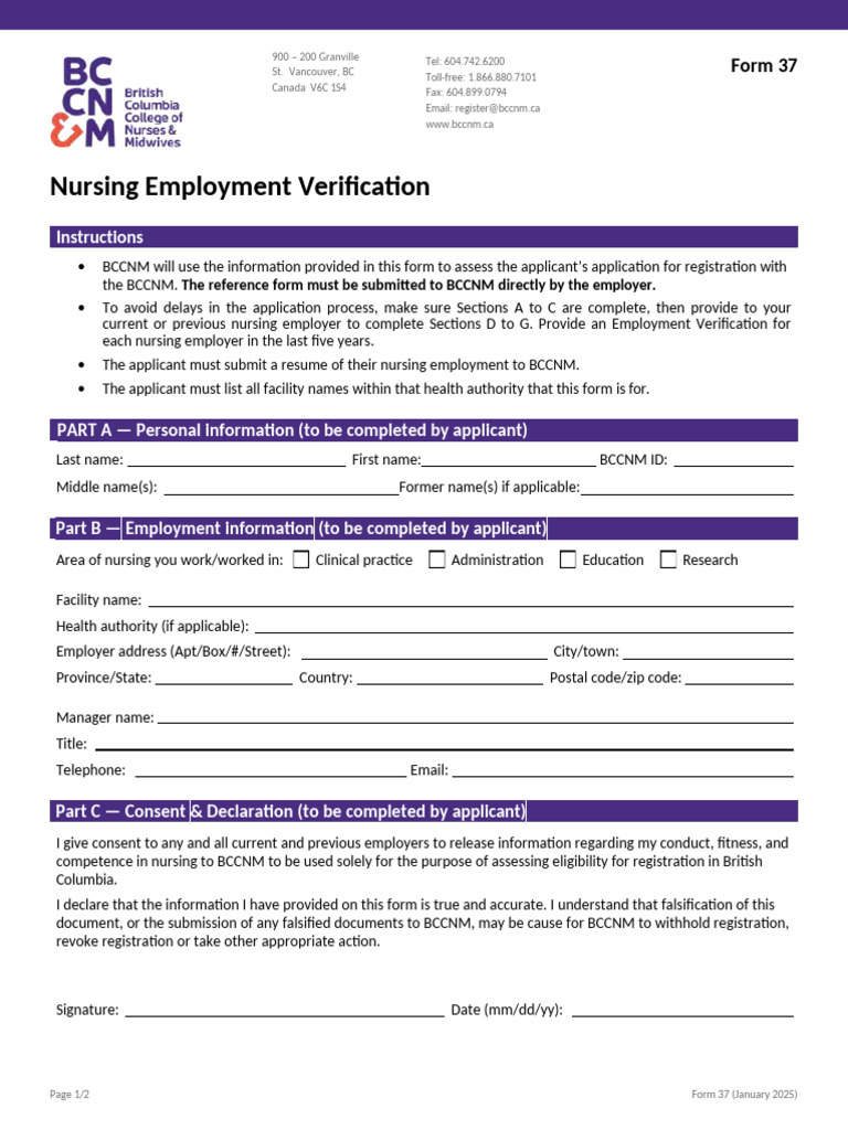 Nursing Employment Verification Form | PDF