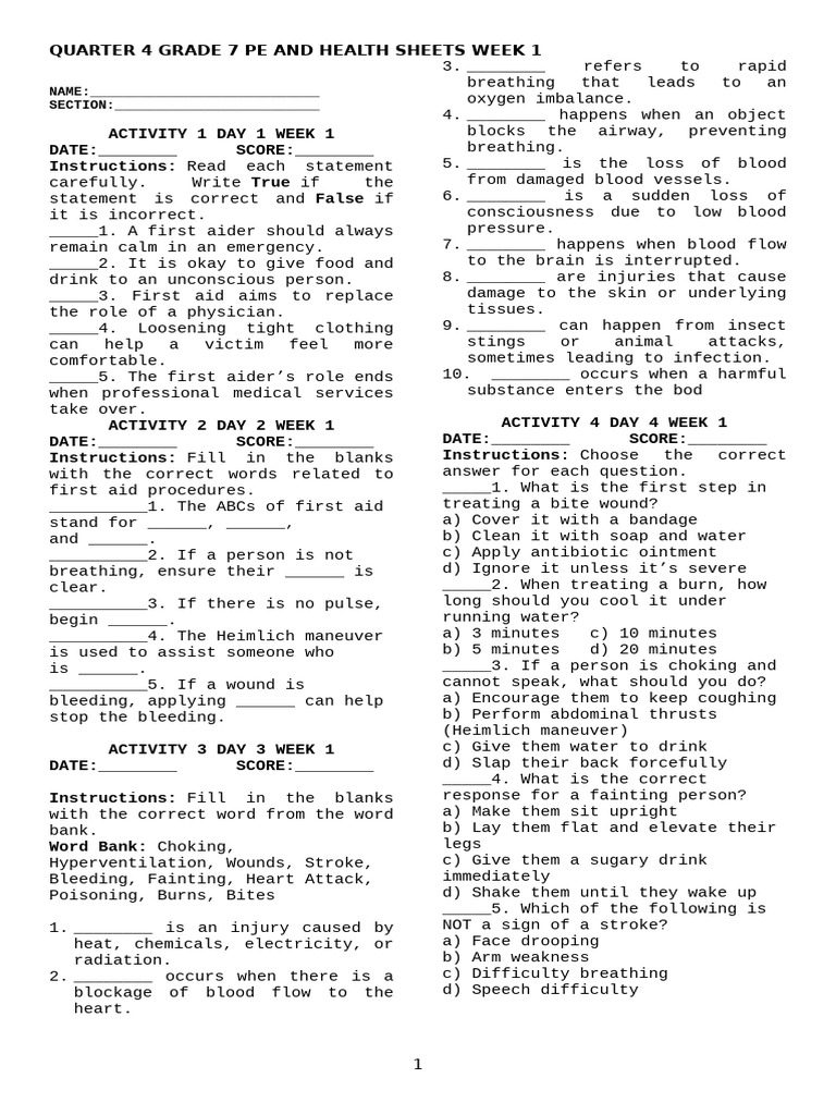 Activity Sheets in Peh 7 Week 1 Q4 | PDF | First Aid | Human Diseases And Disorders