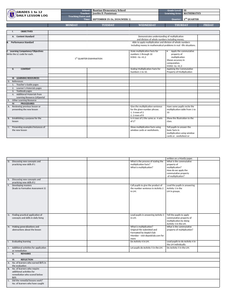 DLL_MATHEMATICS 3_Q2_W1 | PDF | Learning | Behavior Modification