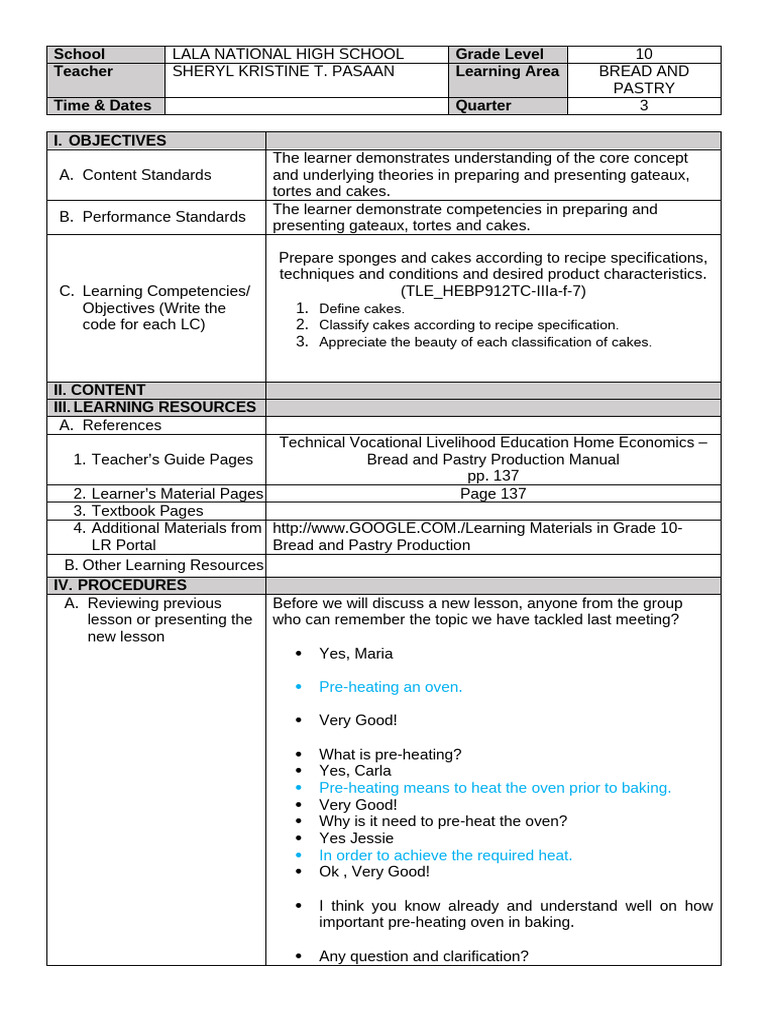 Cake Classification Lesson Plan | PDF | Cakes | Drugs