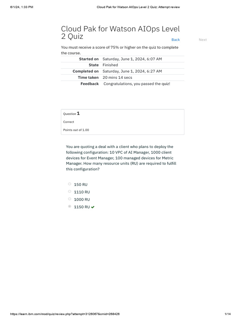 Cloud Pak For Watson AIOps Level 2 Quiz - Attempt Review | PDF | Cloud Computing | Information ...