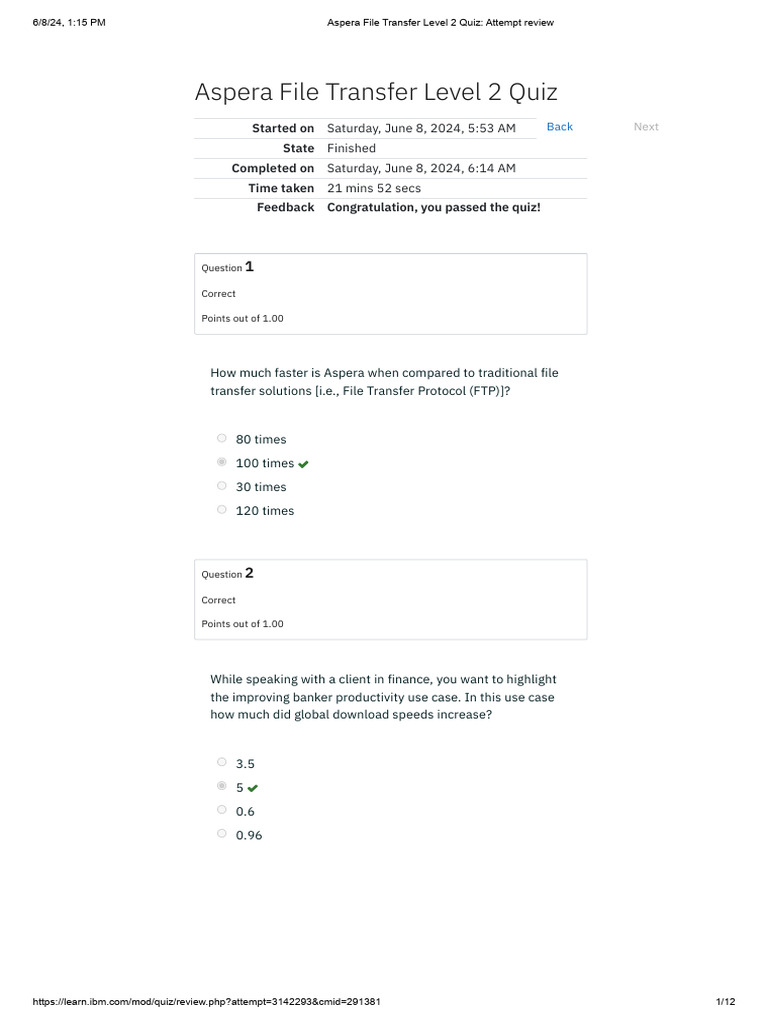 Aspera File Transfer Level 2 Quiz - Attempt Review | PDF | Cloud Computing | Computer Network